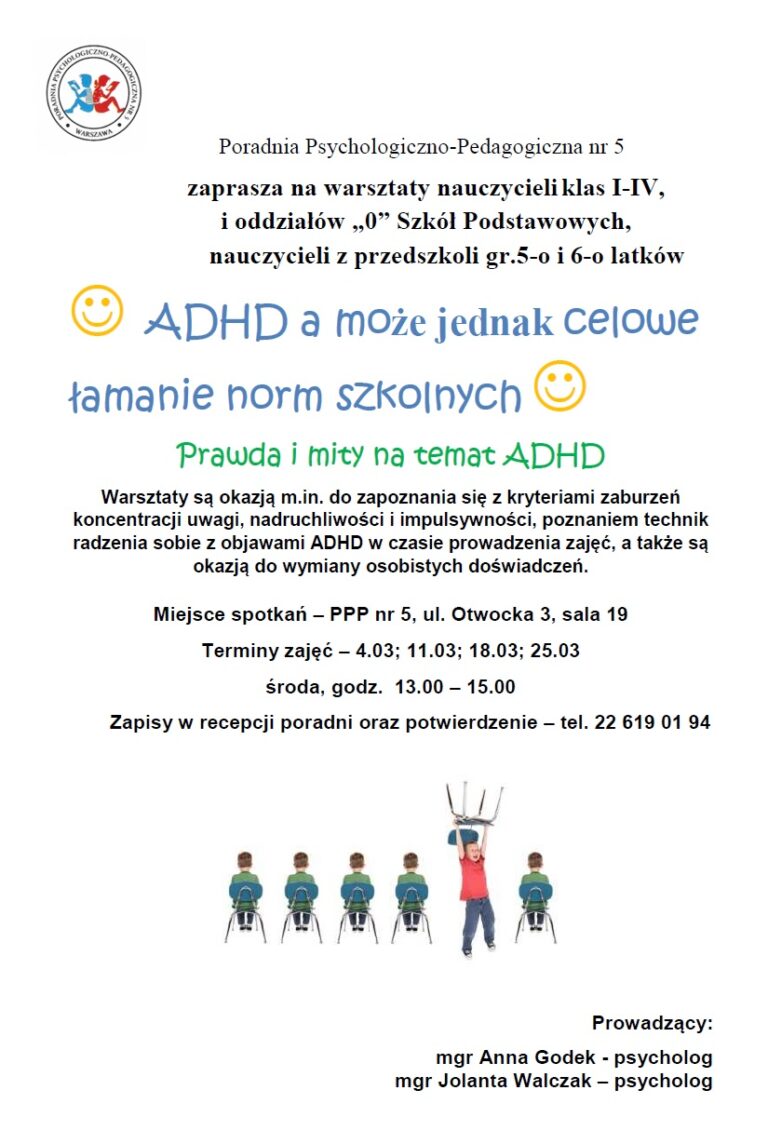 Plakat ADHD – Poradnia Psychologiczno-Pedagogiczna nr 5 w Warszawie